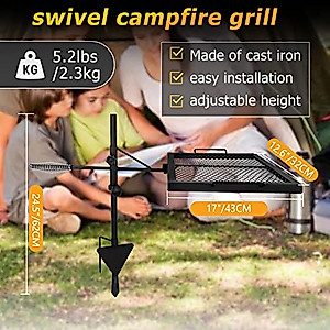 Beendou Rotary Campfire Grill Grate, Heavy Duty Steel Adjustable Fire Pit Grill Grate,Outdoor Open Campfire Cooking Grill Grate for Camping Grill with Carry Bag