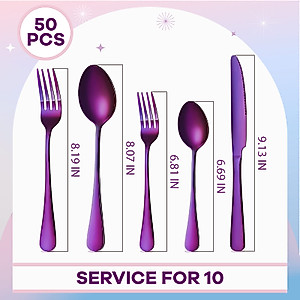 50 Pieces Purple Silverware Set Service for 10 Stainless Steel Flatware Set Metal Utensils Set Tableware Cutlery Set Including Knife Forks Spoons for Home Wedding Restaurant Table Dishwasher Safe