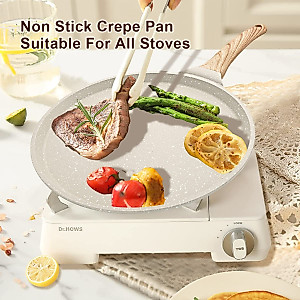 Bobikuke Nonstick Crepe Pan with Spreader, 8 Inch Flat Pan for Roti Indian Griddle Pan Dosa Pan, Tawa Dosa Tortilla Pan Induction Compatible - White