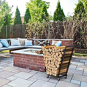 LIANTRAL Firewood Rack On Wheels, Rolling Cart Log Rack Holder Indoor Outdoor Wood Stand with Handle, 4 Hooks & Removable Kindling Rack