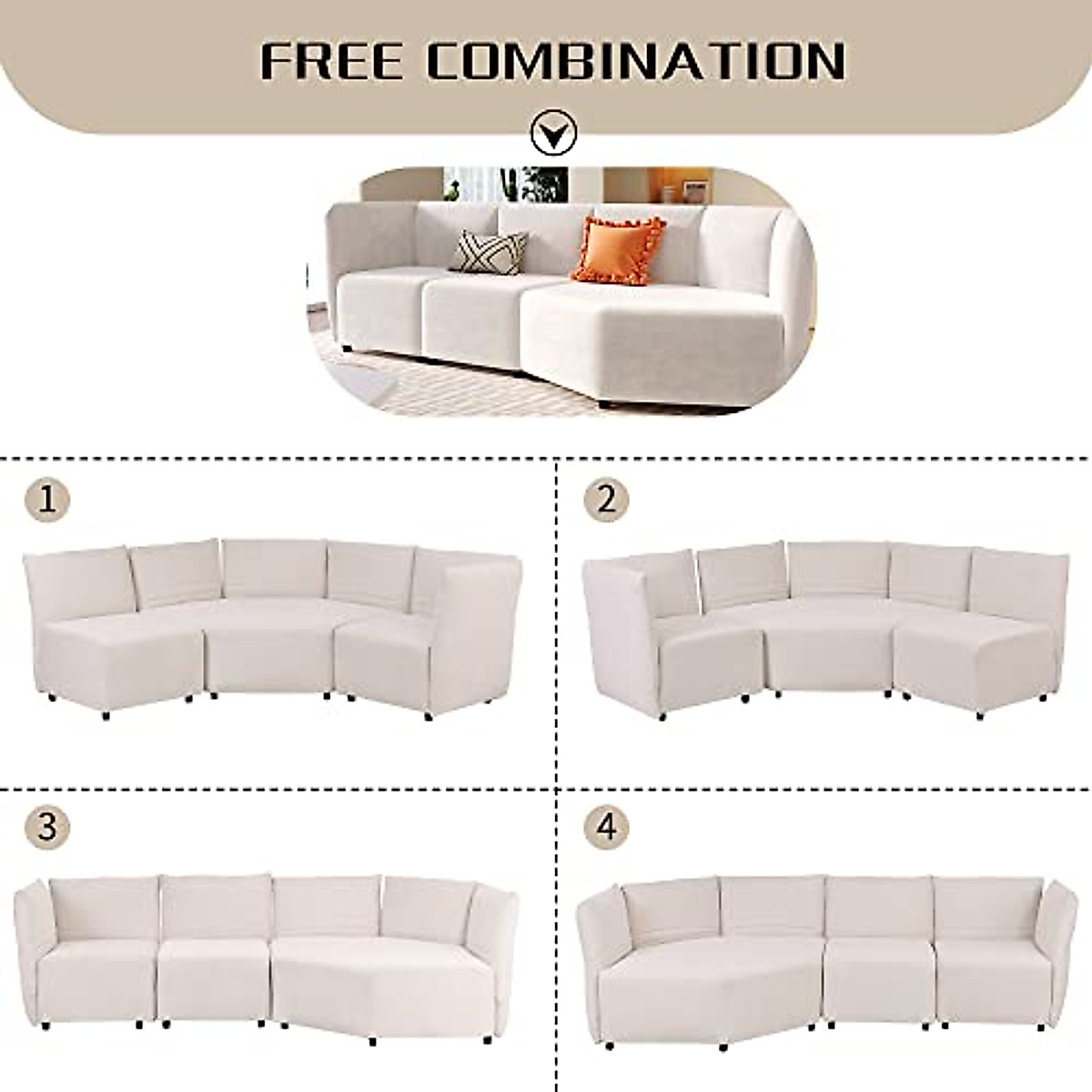 FULife Convertible Free Combination Curved Sofa Upholstered Deap Modular Sectional Couch with Adjustable Backrest,Modern DIY Luxury 4-Seat Leisure Corner Sofá for Living Room, Beige Polyester 106.3"w