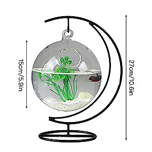 STOYRB Desktop Hanging Glass Fish Tank Mini Table Aquarium Glass Betta Fish Bowl Clear Fish Cylinder Bowl with Iron Stand for Office Home Decor, 1 Fish Bowl, Transparent