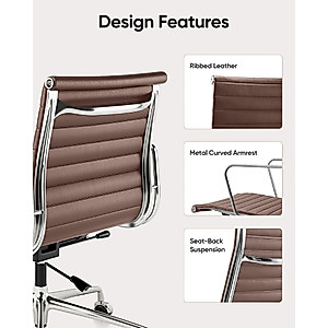 Ribbed Office Chair, Mid Back Top Black Grain Leather Desk Chair, Swivel Chair Adjustable Ergonomic Computer Desk Chair with Aluminium Alloy Frame and Silent Nylon Wheels