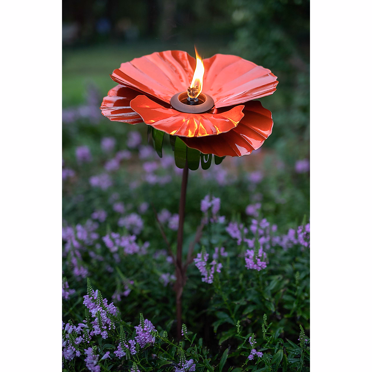 Desert Steel Flower Torch - (Red Poppy, 36" H x14 W) - Metal Art Citronella Garden Torch & Pathway Light w/Refillable Lamp Oil Canister