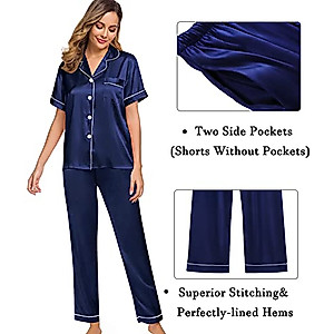 SWOMOG Women's 3 Pcs Pajamas Sets Silk Satin Sleepwear Button Down Loungewear Short Sleeve Shirt Pjs Navy Blue