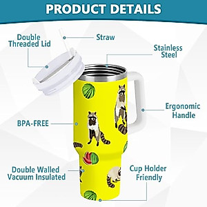 DIGTIA Stainless Steel Insulated Tumbler w/Handle & Straw, Raccoon Cute Double Wall Vacuum Travel Coffee Mug Cup w/Lid, Leak-Proof Sports Fluffy Water Bottle,30oz