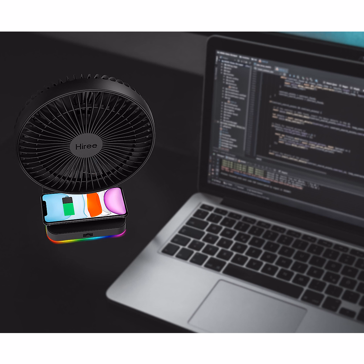 Hiree Table Fan with LED Lights, 2 Speeds Quiet Air Circulator Personal Desk Fan with 10W/7.5W Fast Charger QI Wireless Charging Pad - Suitable for Home, Bedroom, Office, Dorm