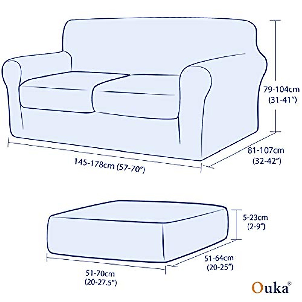 Ouka 3 Pieces Sofa Covers for 2 Separate Cushion Couch, Machine Washable High Stretch Slipcover, Soft Furniture Protector for Dogs(Medium,Light Blue)