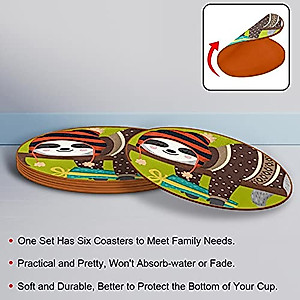 Coasters for Drinks Sleepy Sloth with Hat Leather Round Mug Cup Pad Mat for Protect Furniture, Heat Resistant, Kitchen Bar Decor, Set of 6
