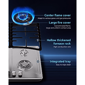 Ranein 2-Burner Gas Cooktop, 12-Inch Gas Stove Top Compatible with Thermocouple Protection, Built-in Gas Stove, 304 Stainless Steel Panel, Compatible with NG&LPG for Apartment and Indoor