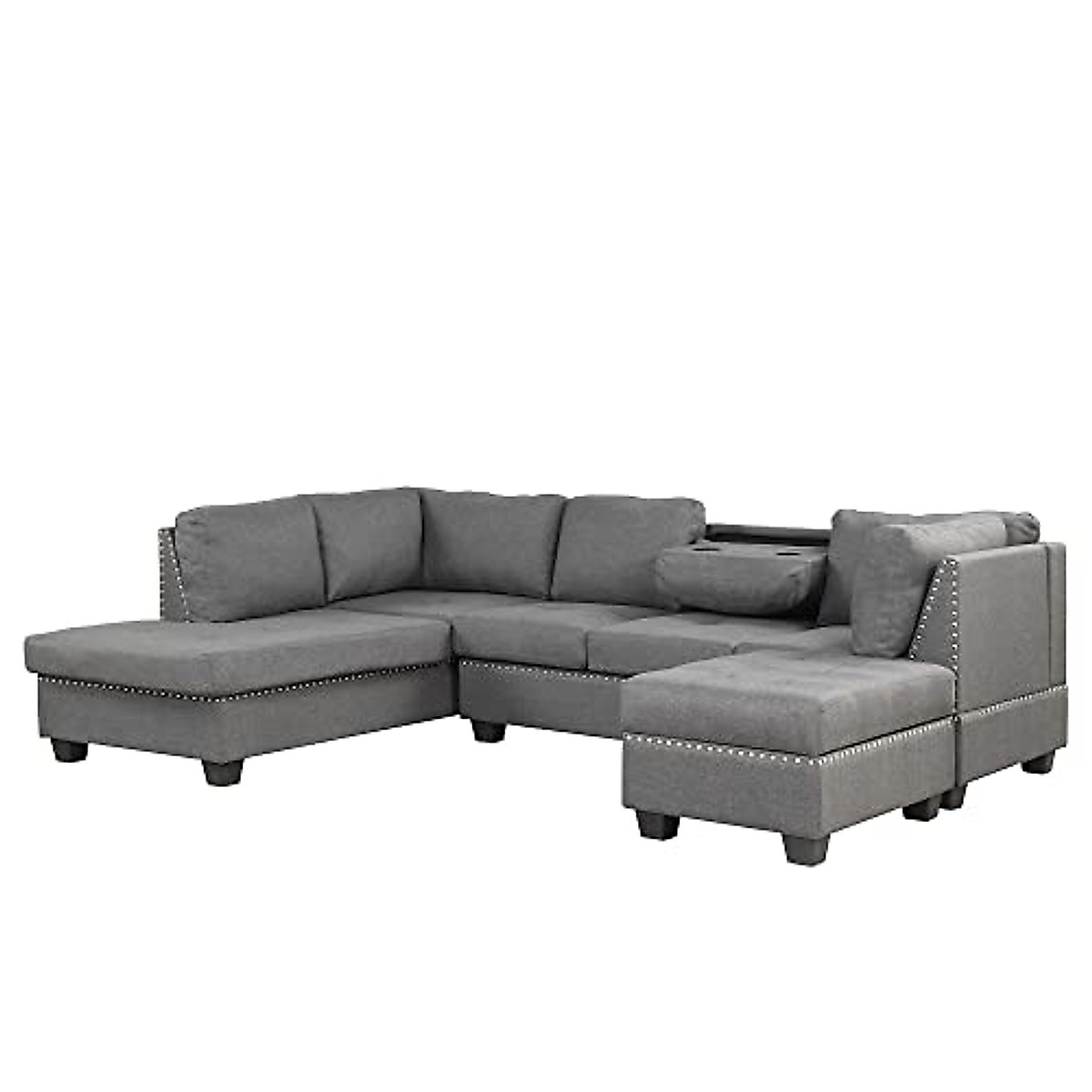 Eafurn L Shaped Sectional Sofa with Reversible Chaise and Drop Down Table & Cupholders, Upholstery Corner Couch with Storage Ottoman, Tufted Convertible Sofa & Couch for Living Room Furniture Set