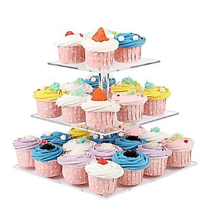 Flexzion 3 Tier Cupcake Stand Acrylic Cupcake Holder Tower Dessert Table Display Set Clear Square Stand, Food Display Stands for Party, Weddings, Birthdays, Reusable Mini Cake Tier Stand