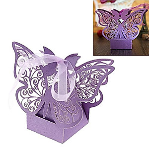 Auto-plaza 50 Pieces Butterfly Laser Cut Favor Boxes DIY Wedding Birthday Gift Candy Boxes with Ribbons (Purple)
