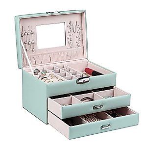 Jewelry Box with 3 Layers PU Leather Lockable Jewelry Storage Organizer with Velvet Lining Portable Leather Jewelry Box for Storing Watch, Earring, Ring, Chain, Bracelet
