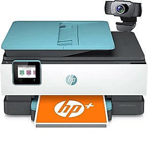 HP OfficeJet Pro 8028e All-in-One Wireless Color Inkjet Printer for Home Office, Blue- Print Scan Copy Fax-20 ppm, 35-sheet ADF, 4800 x 1200 dpi, Auto 2-sided Printing, Ethernet, Cbmou External Webcam