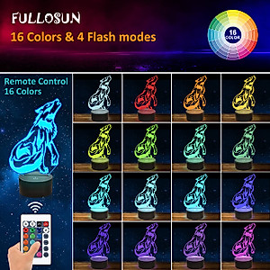FULLOSUN Wolf Gifts, 3D Night Light for Kids Optical Illusion Lamp Co-Sleeping,Remote Controller with 16 Color Changing Birthday Gifts & for Kids, Boys & Men