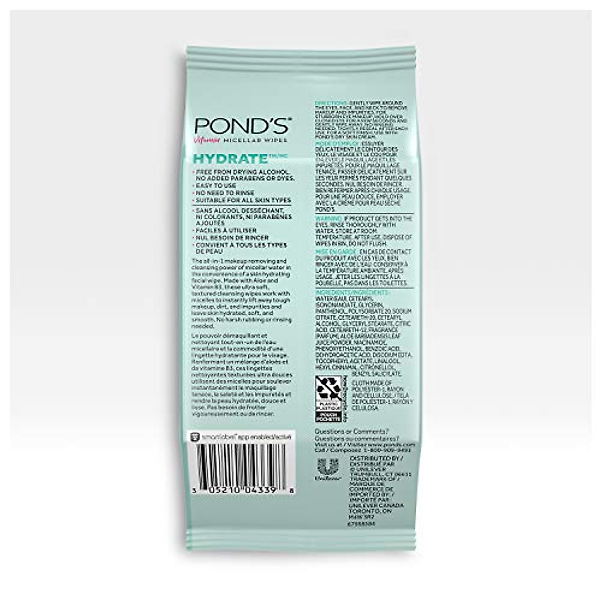 Pond's Vitamin Micellar Wipes For Dry Skin Hydrate Aloe Vera Removes Waterproof Makeup 25 Wipes