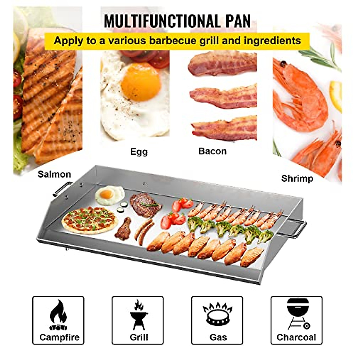 VEVOR Stainless Steel Griddle,36" x 22" Universal Flat Top Rectangular Plate, BBQ Charcoal/Gas Non-Stick Grill with 2 Handles and Grease Groove with Hole，Grills for Camping, Tailgating and Parties