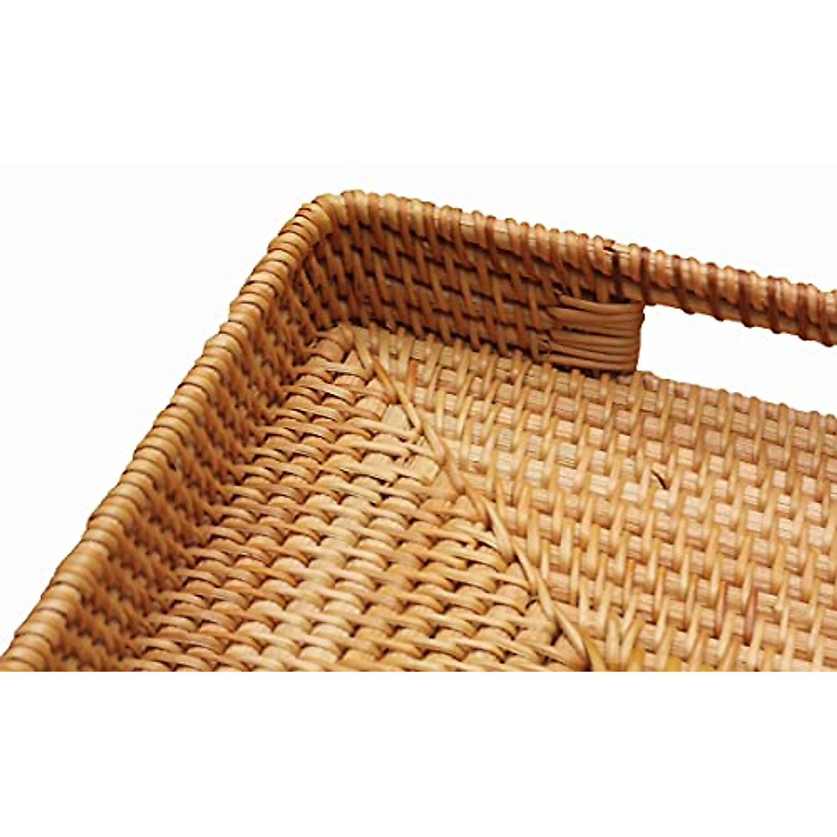 Rectangular Wicker Serving Tray-Set of 2- w/Inbuilt Handles-Handmade Woven Rattan Storage Basket-Decorative Coffee Tabletop Tray-Boho Flat Bathroom Organizer-(L- 15.4"x2.4" M- 13.7"x 2")
