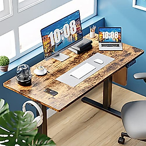 OLIXIS Electric, Height Adjustable Sit Stand Ergonomic Desk Computer Workstations with Wire Holes and Hooks for Work and Study, 24" D x 63" W x 48" H, Rustic Brown