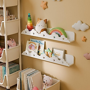 Sumbame Nursery Shelves for Wall Set of 2 - White Cloud Floating Bookshelf for Kids, 24 Inch Scalloped Picture Ledge Shelf, Display Shelf for Baby Bedroom, Nursery Decor, Baby Playroom, Toy Storage