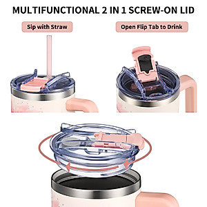 THILY 40 oz Stainless Steel Tumbler with Handle - Vacuum Insulated Travel Cup, Splash-Proof & Leakproof Lid, 2 Straws & Brush | Keeps Cold 34H/Hot 12H, Cupholder Friendly, Cherry Blossoms