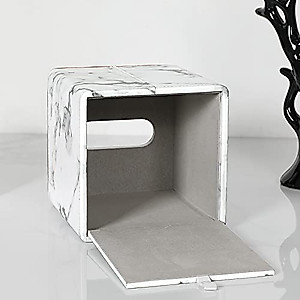GOLRANLYE Tissue Box Cover Square PU Leather Facial Tissue Box Holder for Dresser Bathroom Decor (White Marble Pattern)