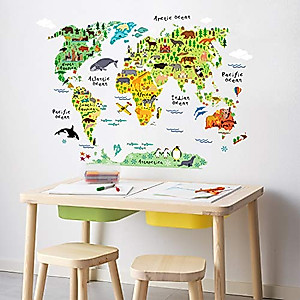 HomeEvolution Large Kids Educational Animal Landmarks World Map Peel & Stick Wall Decals Stickers Home Decor Art for Nursery