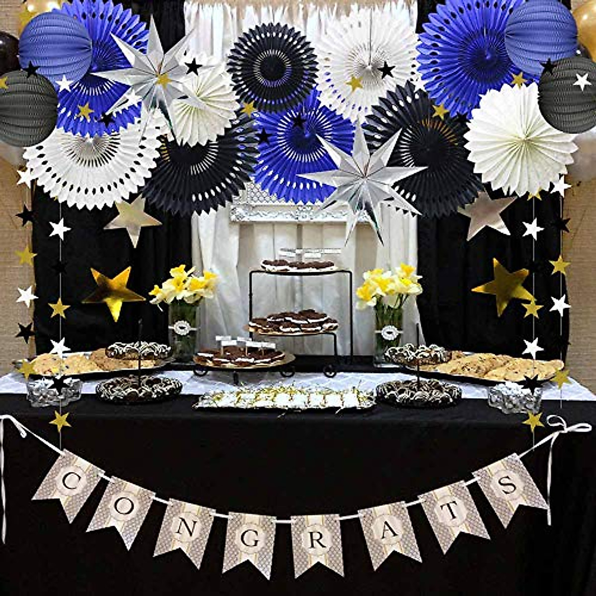 Hanging Party Decoration Supplies Set of Tissue Paper Fans Star Garland Paper Lanterns for Graduation Wedding Anniversary Birthday Backdrop Decoration (Navy Blue White Black)