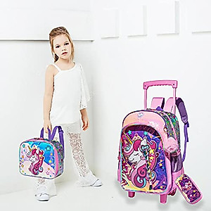 Egchescebo kids Rolling Kid Travel Toddler Duffle Bag Unicorn Backpack for Girls Carry on Luggage Roller Computer Suitcase with Pencil Case and Lunch Box Wheels Wheeled Braid Toy Backpacks Pink