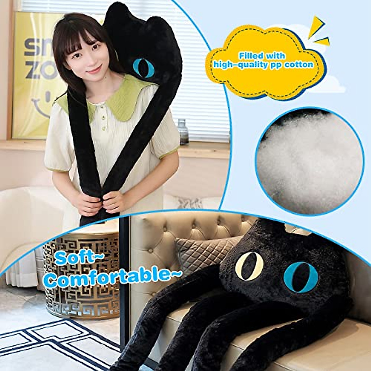 Long Cat Plush Pillow,39" Cute Black Cat Stuffed Animals Kawaii Soft Plushies,Big Plush Toys Gift for Girlfriend Kids