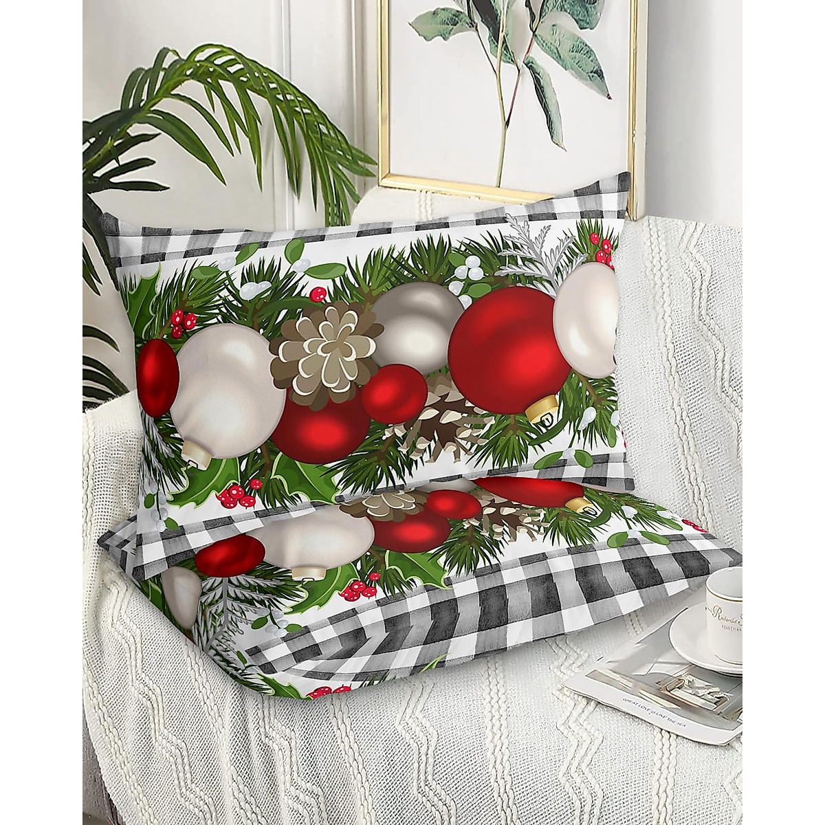 Hokiten Standard Size Pillow Cases Set of 2 - Christmas Balls, Microfiber Soft Pillowcases with Envelop Closure, Black White Buffalo Pine Cones Berries Lumbar Pillow Cover for Sofa/Couch, 20x26 Inches