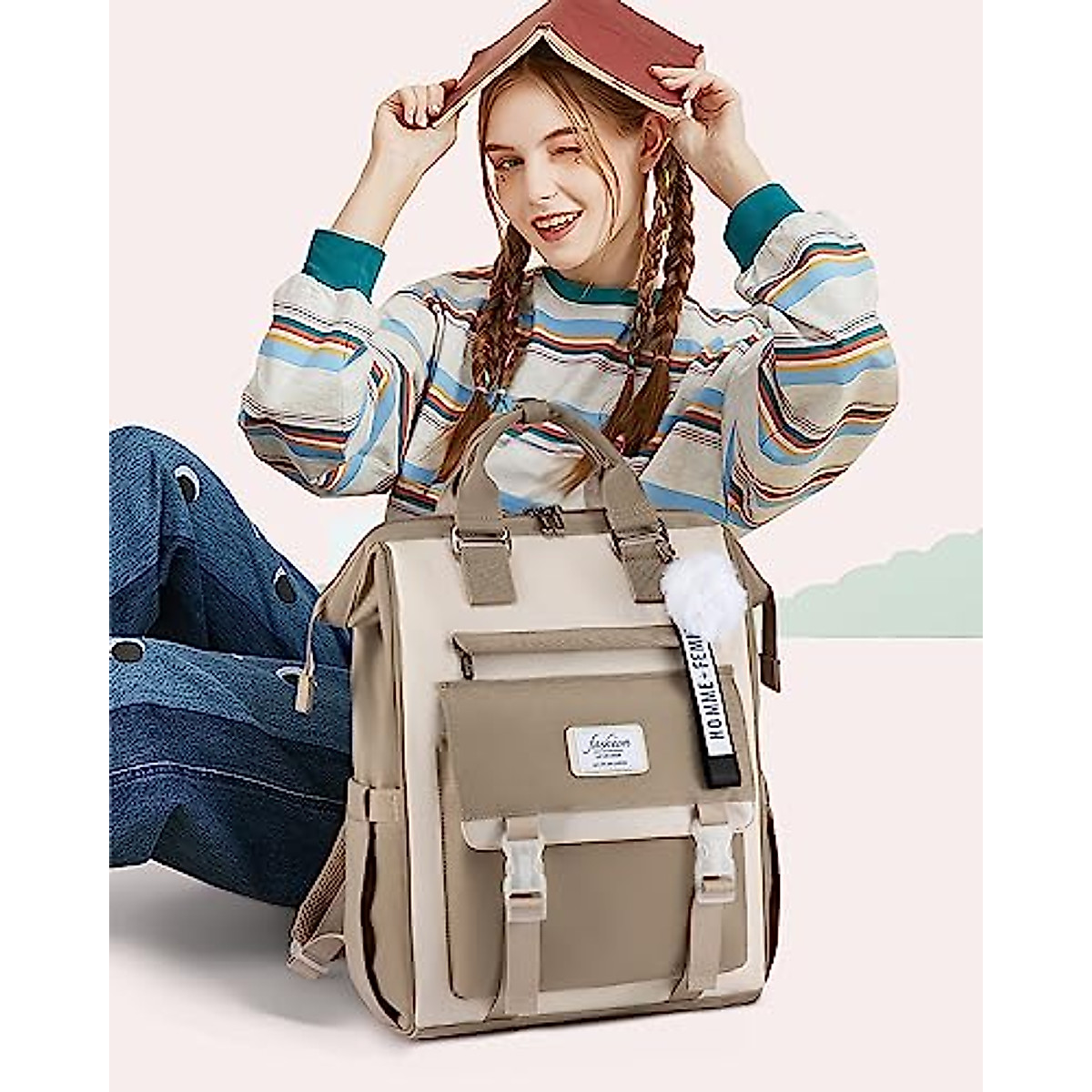 LOVEVOOK Laptop Backpack for Women,15.6 Inch College Backpack,Light Weight Travel Backpack Waterproof Casual Daypack Computer Backpack fits Travel Work Casual（Coffee&Beige）