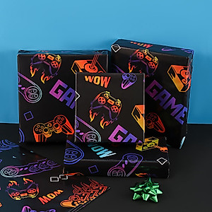 U'COVER Gaming Wrapping Paper Birthday Gift Wrapping Paper for Boys Kids Girls Men 3 Large Sheet Video Game Wrap Paper with Cut Line for Holiday Game Lover 27inch x 39inch (MULTICOLOR)