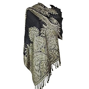 Achillea Luxurious Big Paisley Jacquard Layered Woven Pashmina Shawl Wrap Scarf Stole (Black)