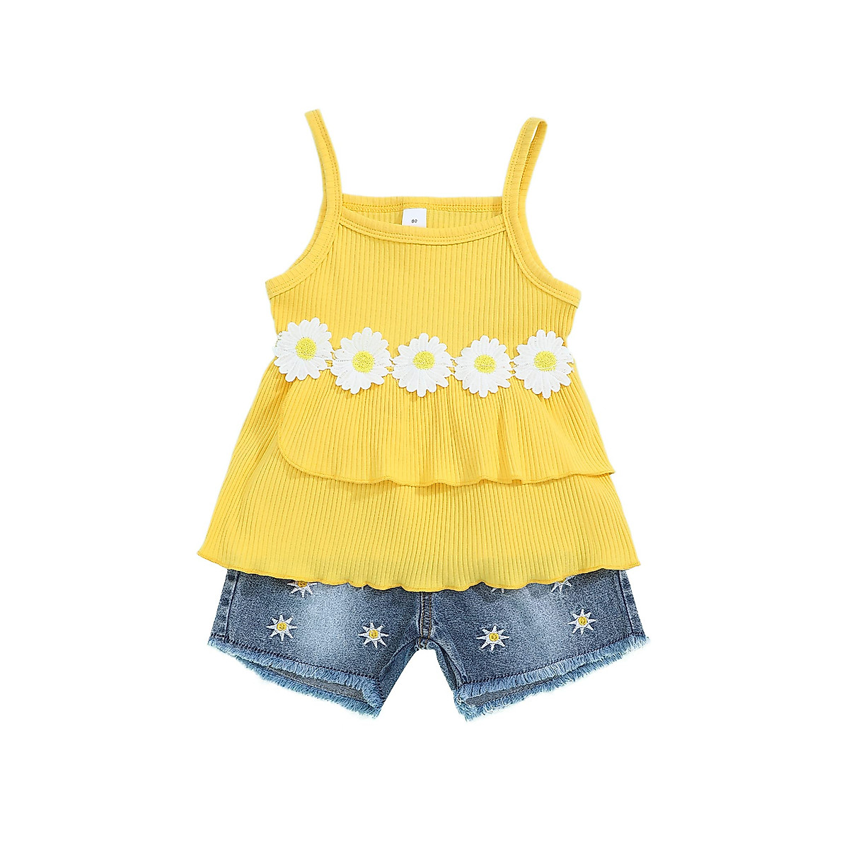 itkidboy Toddler Baby Girls Clothes Ruffle Cami Tank Flower Tops Blouse Denim Shorts Pants Kids Summer Outfit Set(3-4T)