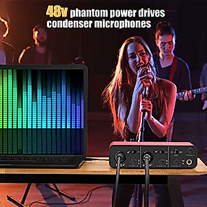 USB Audio Interface 2 In 2 Out with 48V Phantom Power,XLR Mic USB Audio Mixer Recording Podcasting and Streaming 24Bit/192kHz True Stereo