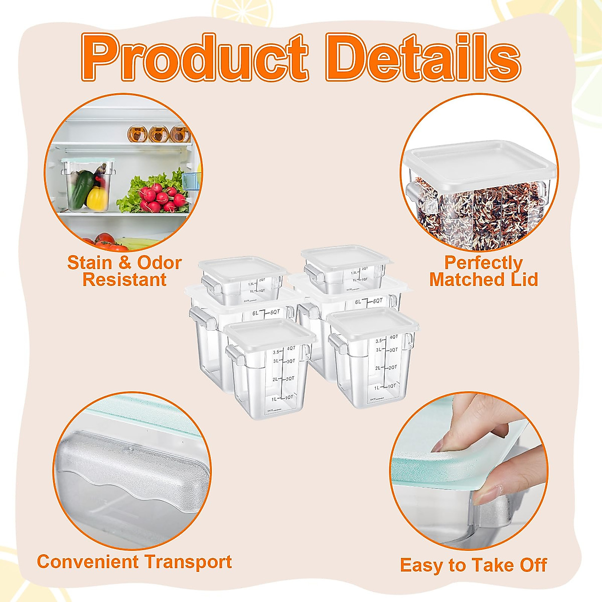 Suclain 6 Pcs Square Food Storage Container with Lid Set 2Qt 4Qt 6Qt Clear Commercial Container with Scales Handles for Home Restaurant Kitchen Proof Dough Marinating Meat, Polycarbonate(White)