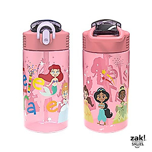 Zak Designs Kids Water Bottle For School or Travel, 16oz 2-Pack Durable Plastic Water Bottle With Straw, Handle, and Leak-Proof, Pop-Up Spout Cover (Disney 100 Princess, Limited Edition)