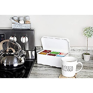 AuldHome Farmhouse Tea Bag Box (White), Vintage Retro Style Enamelware Tea Storage Tin