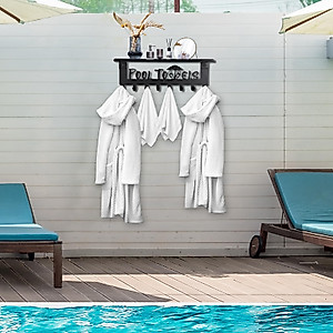 IBosins Pool Towel Rack with Shelf, Outdoor 8 Hooks Towel Holder Wall Mounted, Towel Hanger for Hanging Bathrobes, Towels, Clothes - Perfect Pool Area Outside Sign and Decor (Black)