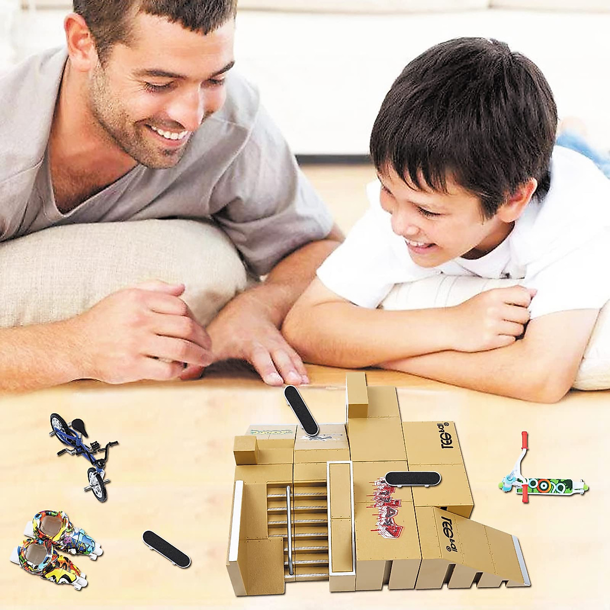 Skate Park Kit, Skate Park Kit Ramp Parts for Finger Skateboard Park Kit Part Training Props with 4 Finger Decks 2 Finger Bike 1 Pair Skates and 1 Scooters