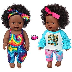 iBayda One-Piece 12 inch Realistic Black Baby Girl Doll Toy African-American Washable Silicone Baby Doll with 2-Sets Doll Clothes (Only One Doll)
