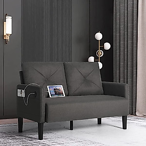 56" Small Sofa Couch for Living Room, Linen Fabric Modern Loveseat with USB, Mid-century Upholstered Tufted Mini 2-Seater Love Seats Sofa Comfy Couch for Small Space, Bedroom, Office, Apartment, Dorm