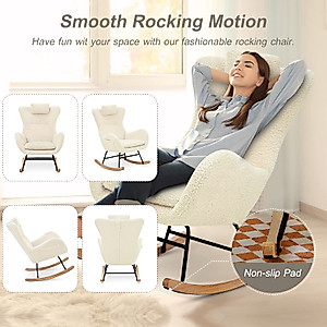Kvutx Teddy Upholstered Nursery Rocking Chair - Comfy Beige Glider Rocker with Padded Seat, High Backrest, and Armrests for Living Room Bedroom Offices (Beige)