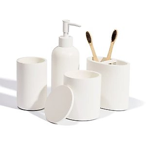 Premium 4 Pcs White Bathroom Accessories Set Complete. Bathroom Soap Dispenser Set. Modern Bathroom Decor Sets Accessories. Bathroom Toothbrush Holder Set. White Bathroom Sets Accessories (White)