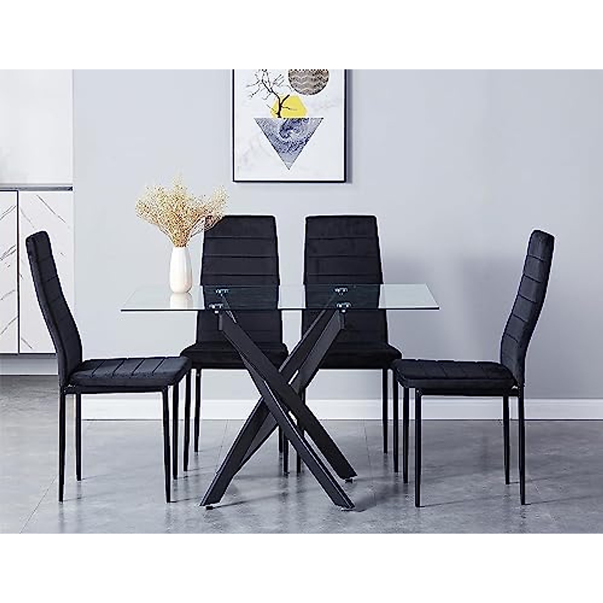 NIERN Glass Dining Table Set for 4, Modern 5-Piece Rectangular Kitchen Table Set with 4 upholstered high-Back Chairs for Kitchen Dining Room (Black Table with Black Chair)