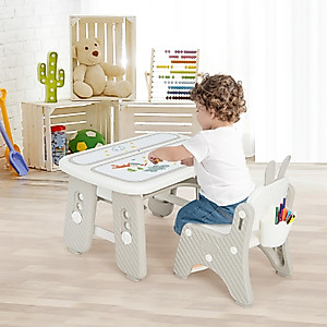 Costzon Kids Table and Chair Set, Graffiti Activity Table w/Flip-Top Tabletop Bookshelf, Erasable Magnetic Drawing Board, Storage, Adjustable Height for Drawing, Toddlers Art Table & Chair (Gray)