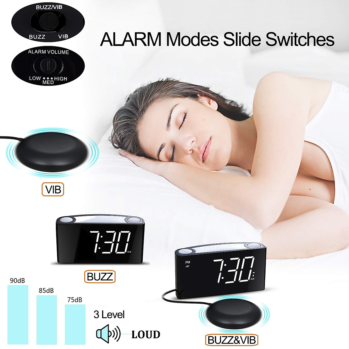 Mesqool Loud Alarm Clock for Heavy Sleepers and The Hearing Impaired - with Bed Shaker, 2 USB Chargers, 7-Color Nightlight, Large LED Display, Dimmer, Snooze, 12/24H DST and Plug-in Battery Backup