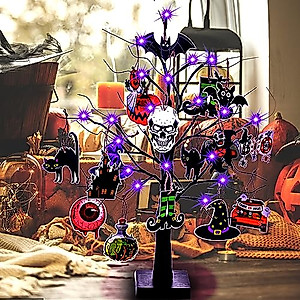 RJZZ 24LED Lighted Halloween Tree 2FT Hocus Pocus Decor Spooky Tree with 21pcs Hanging Ornaments Halloween Decorations Indoor USB/Battery Operated Halloween Decor for Table Centerpiece, Office
